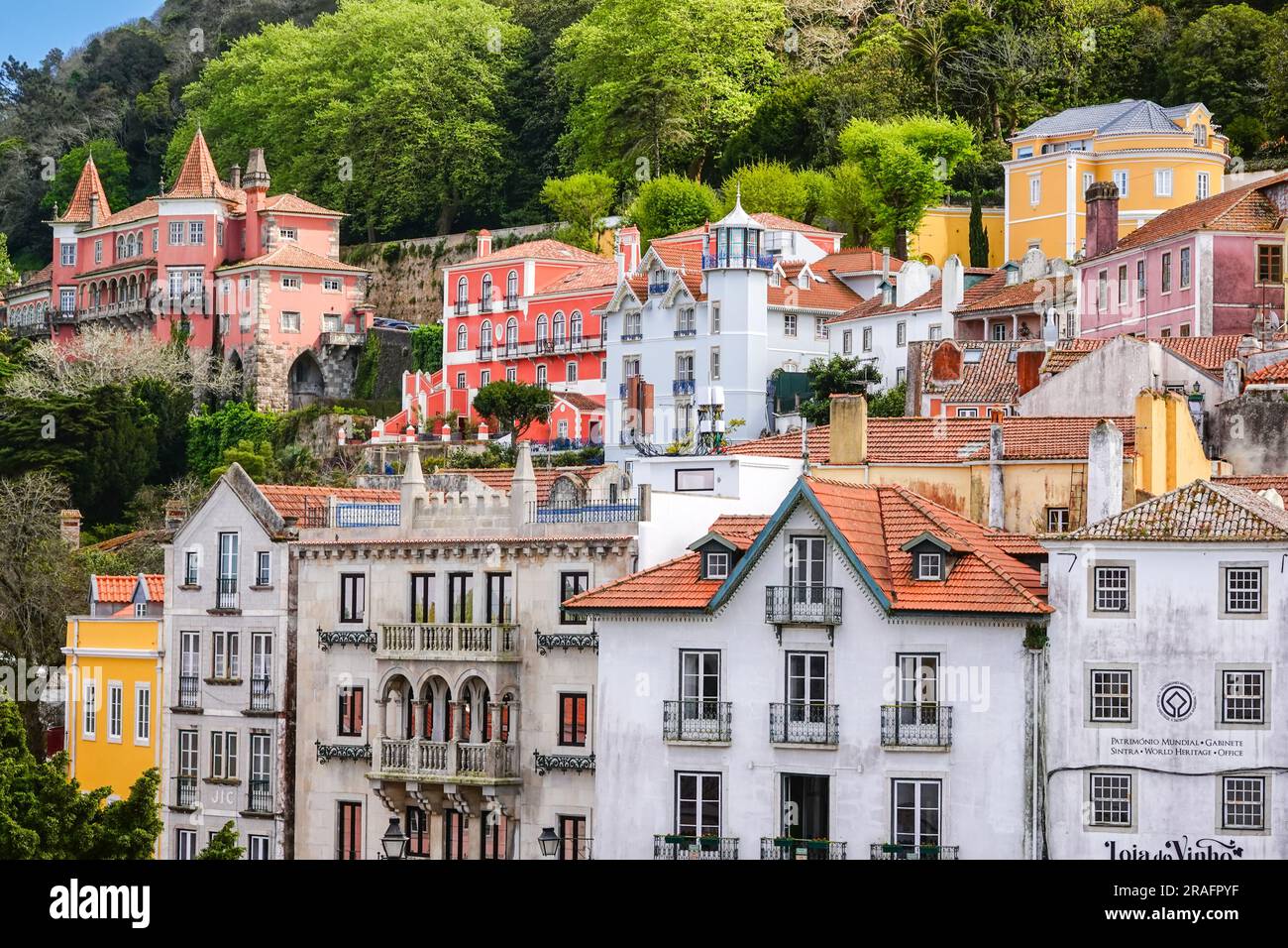 The historic town and central square of Sao Martinho, from the gardens ...