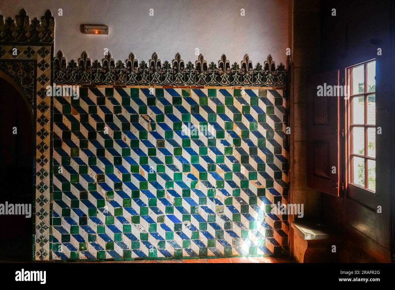 Moorish style painted tin-glazed wall tile in the Arab Room of the ...