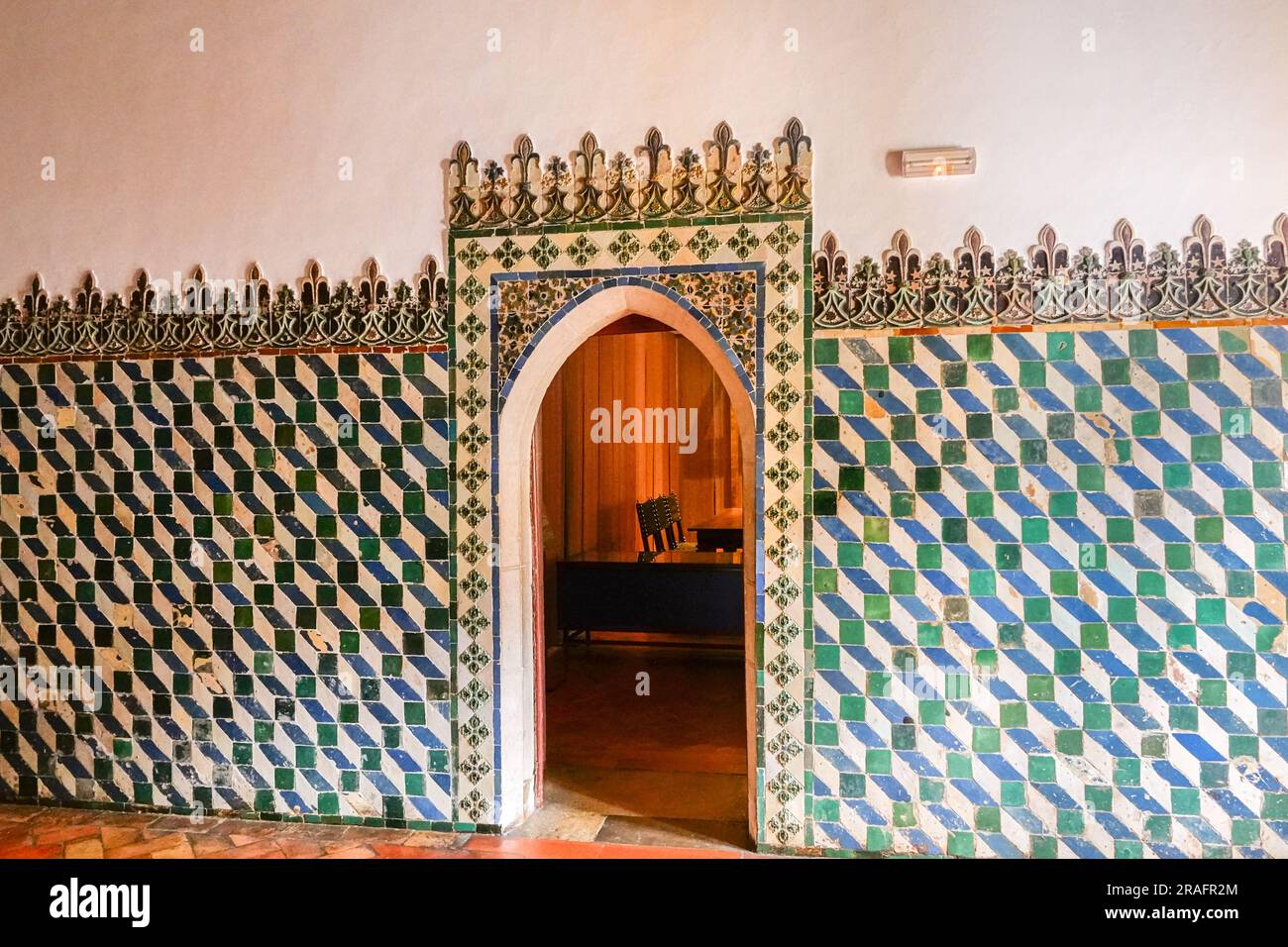 Moorish style painted tin-glazed wall tile in the Arab Room of the ...