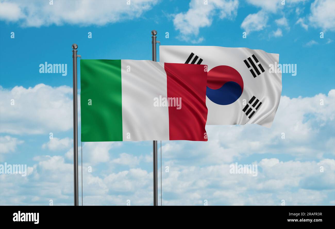 South Korea or Republic of Korea or ROK and Italy flag waving together ...