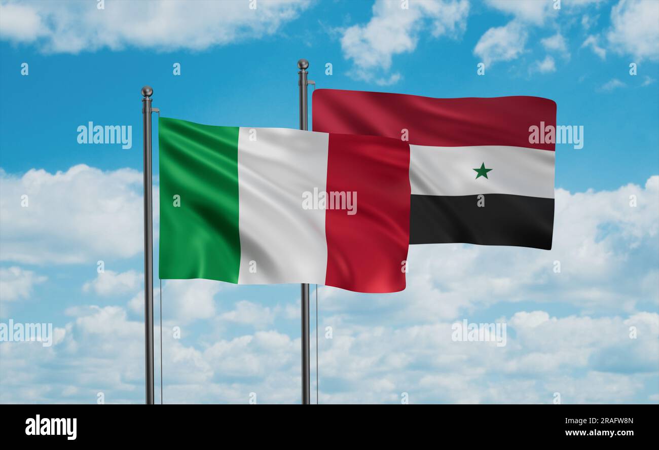 Syrian Arab Republic, Syria and Italy flag waving together in the wind ...