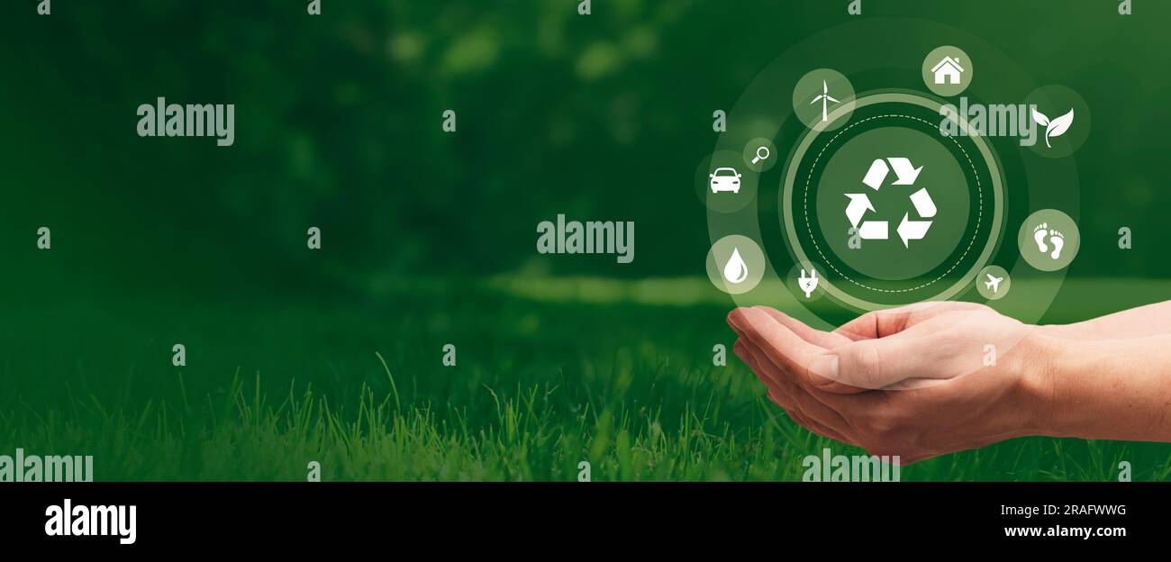 Hand with recycling and eco symbols, copy space Stock Photo - Alamy