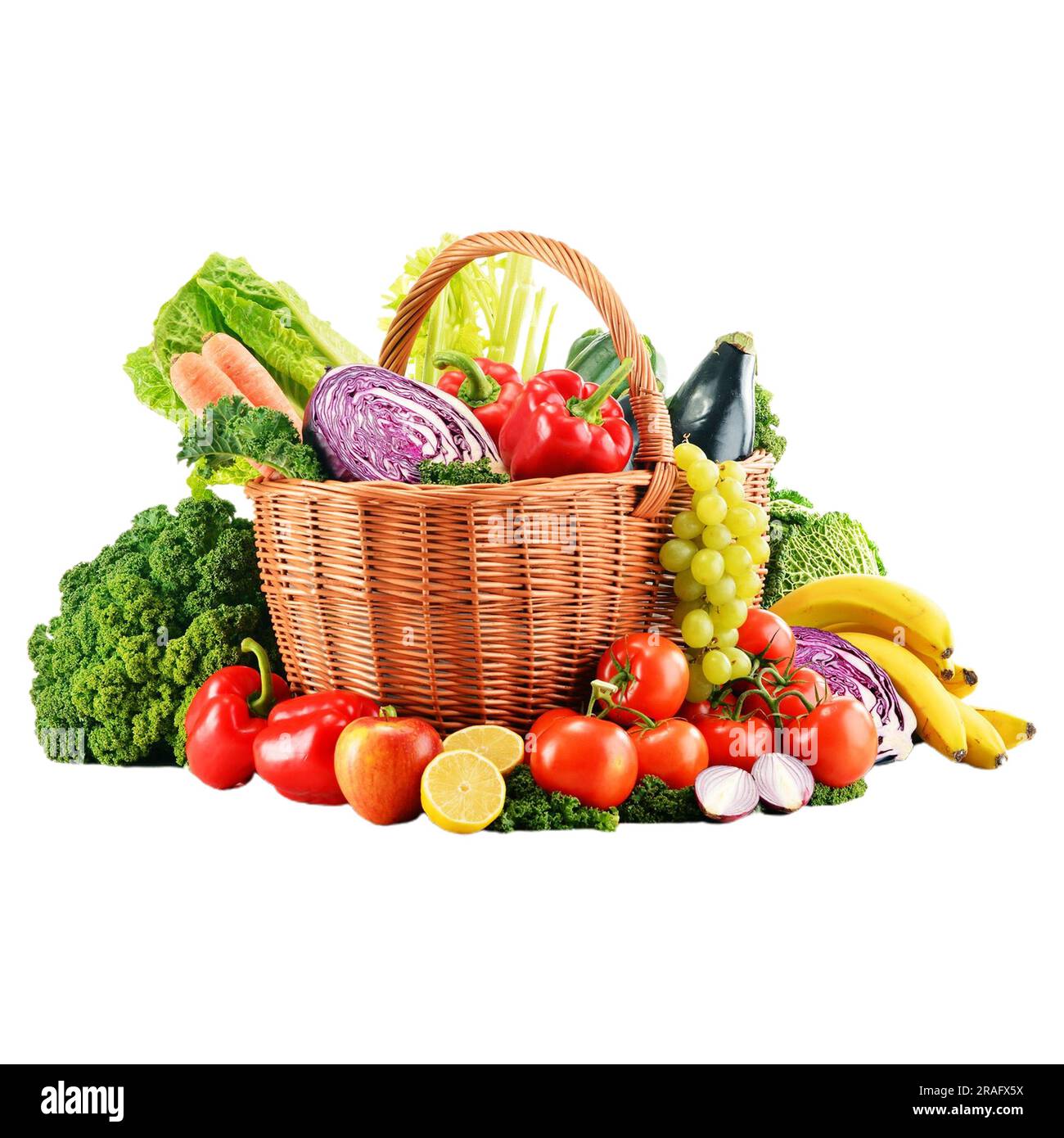 Vegetables in bucket with fruits on white background Stock Photo - Alamy