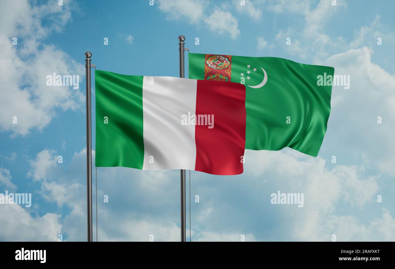 Turkmenistan and Italy flag waving together in the wind on blue sky ...