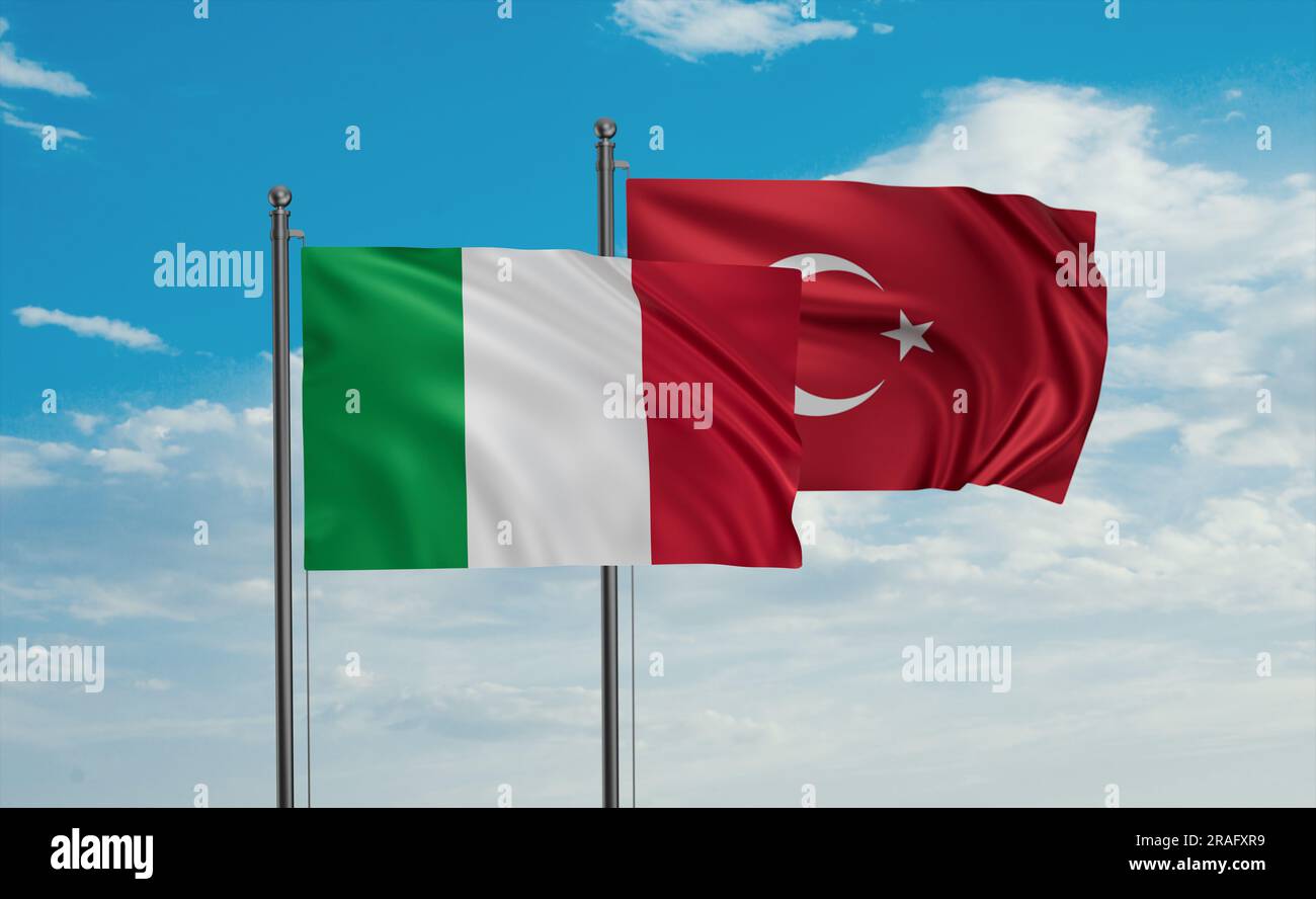 Republic of Turkey and Italy flag waving together in the wind on blue ...