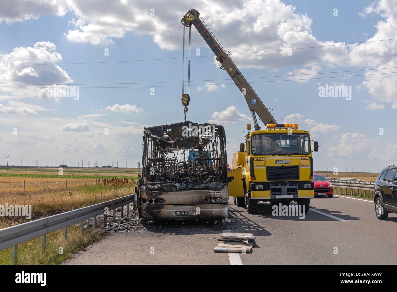Belgrade, Serbia - June 03, 2018: Burned Coach Bus at Highway Recovery ...
