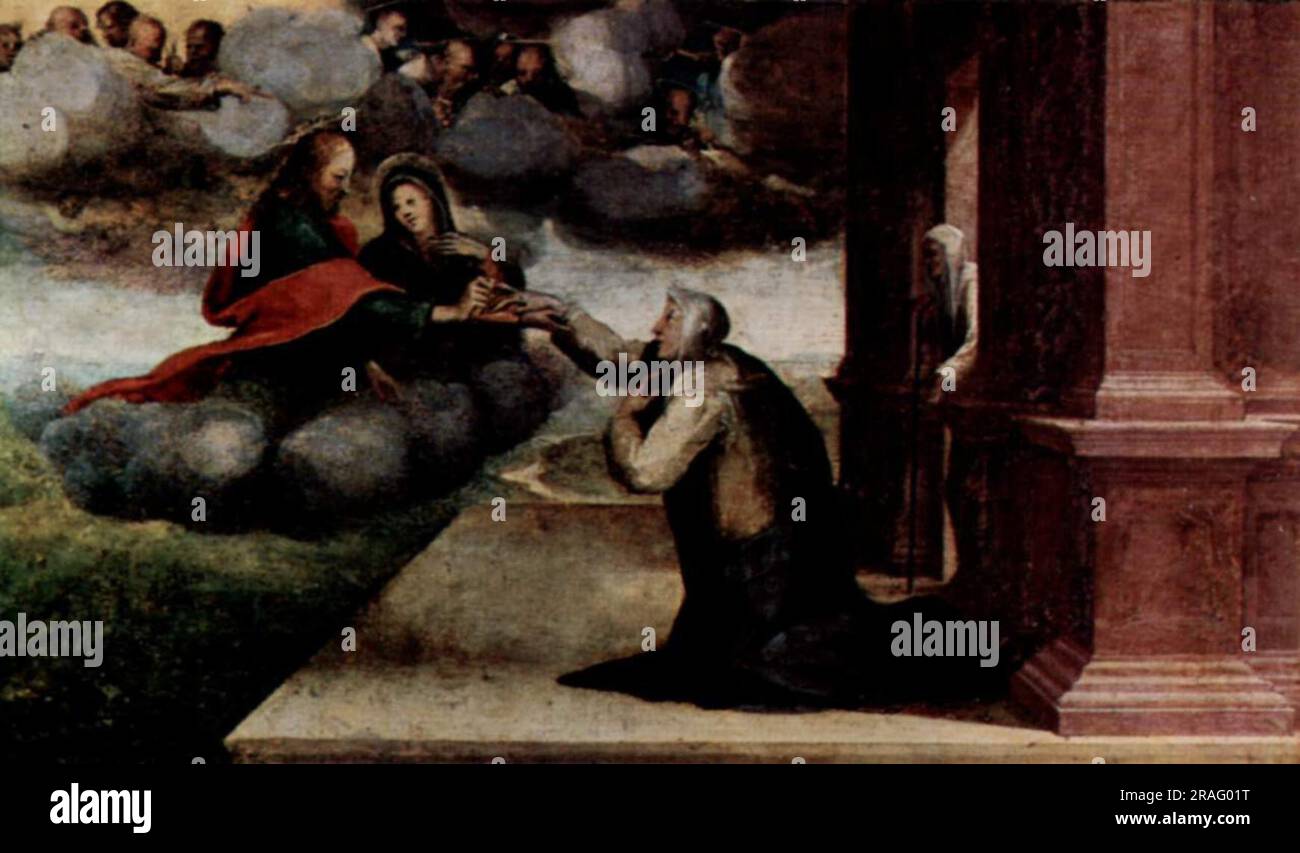 Saint Catherine of Siena receiving the stigmata between Saints Benedict ...