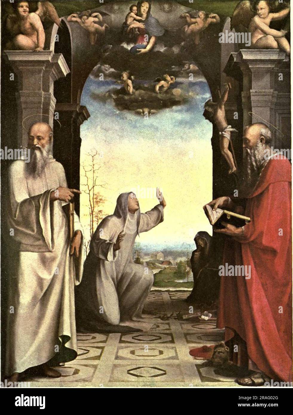Saint Catherine of Siena receiving the stigmata between Saints Benedict ...