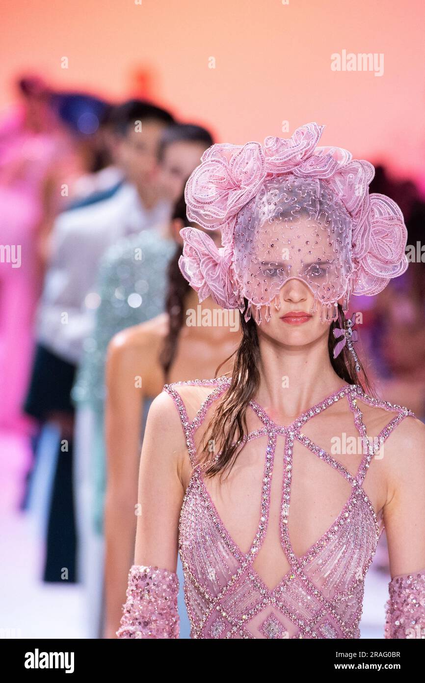 Paris, France. 03rd July, 2023. Models walk the runway during the Georges Hobeika Haute couture ...
