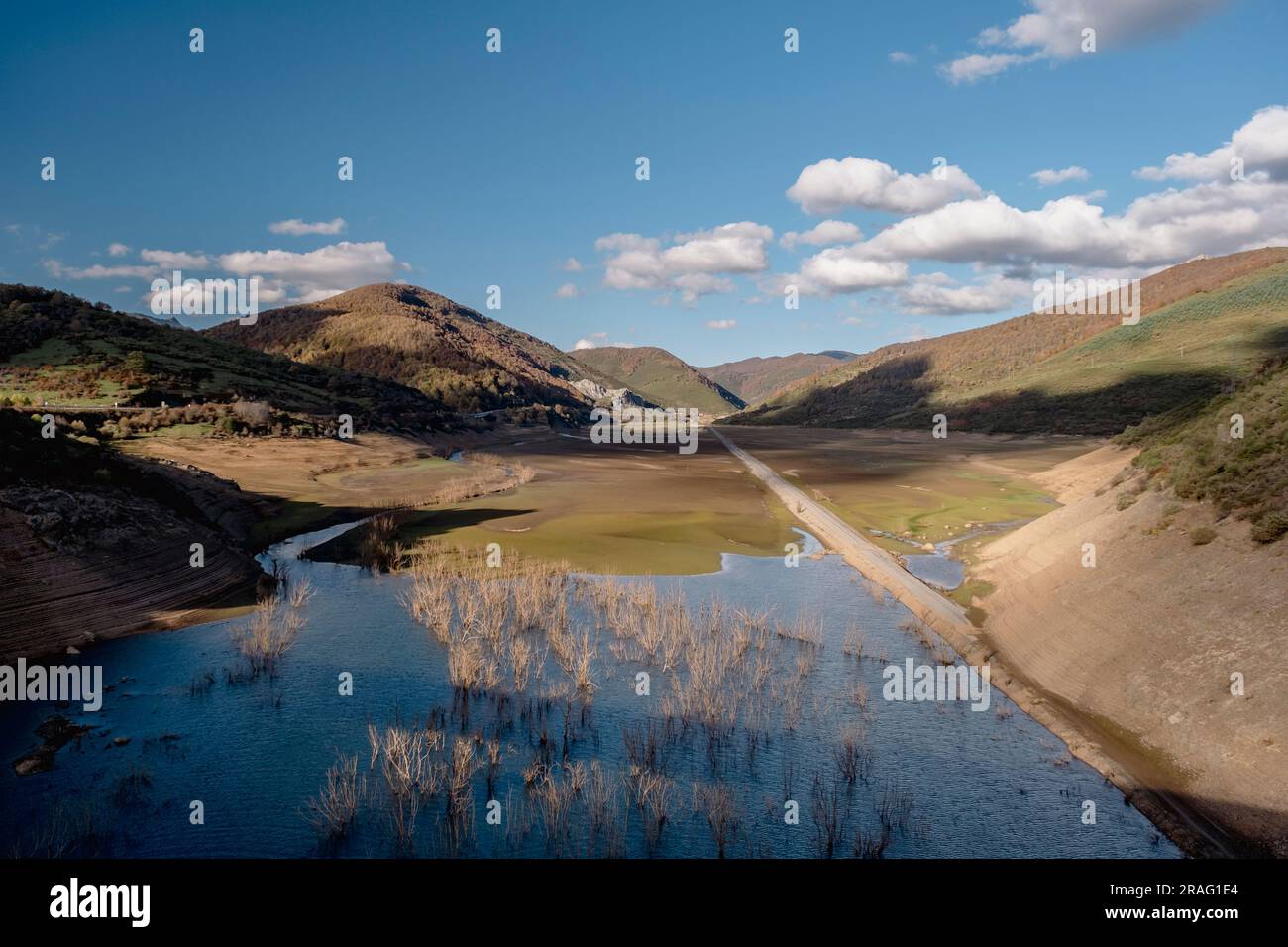 Submerged old road in a valley visible due to a low water level of the ...