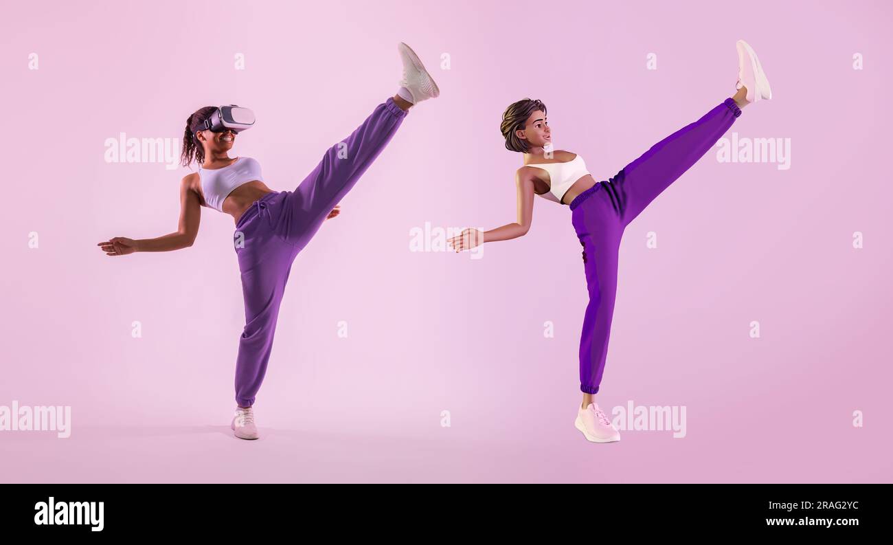 Sporty young black woman playing virtual reality fitness game as 3D ...