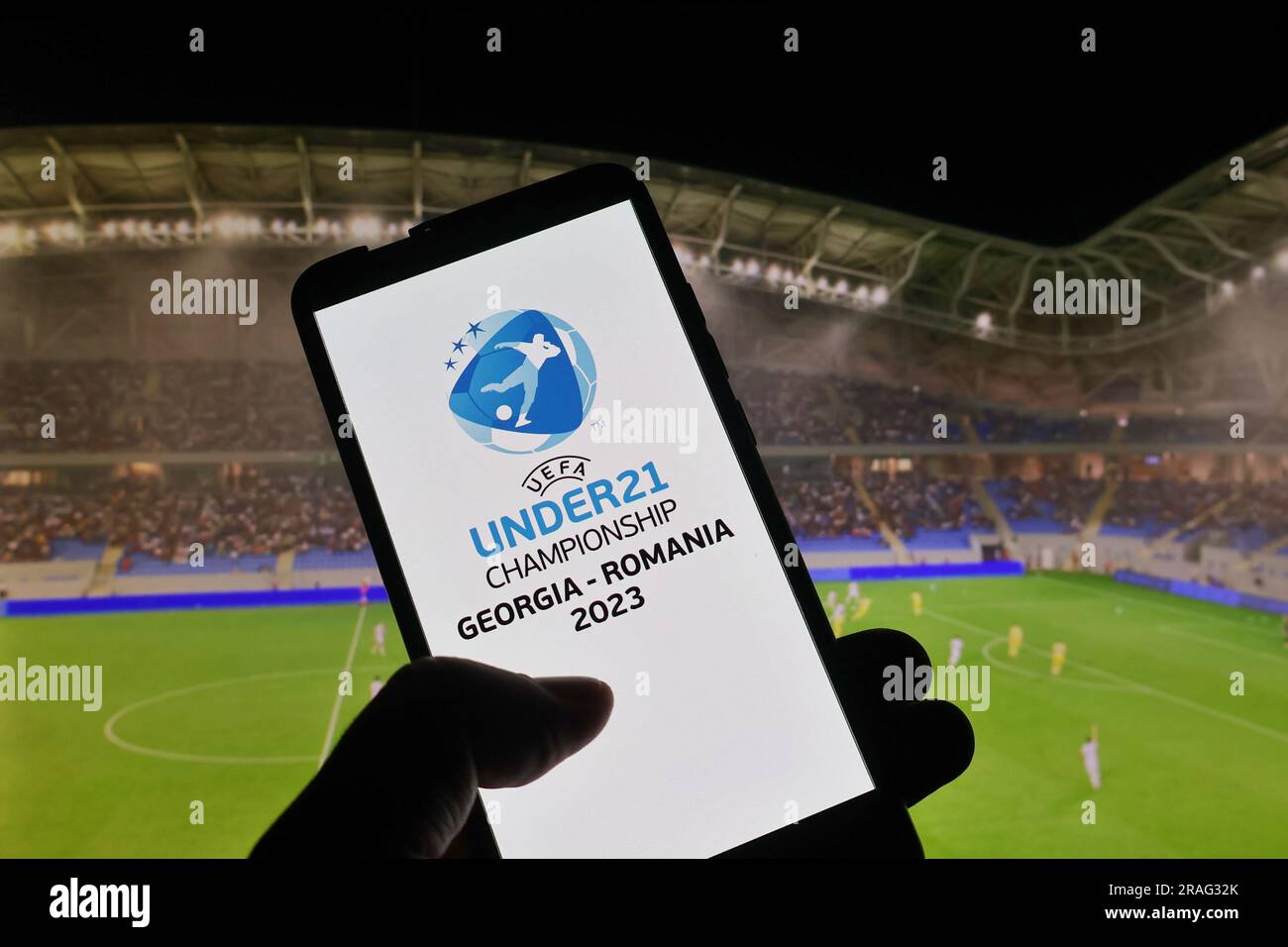 In this photo illustration, the UEFA Euro 2023 Under 21 logo seen displayed on a smartphone. The ...