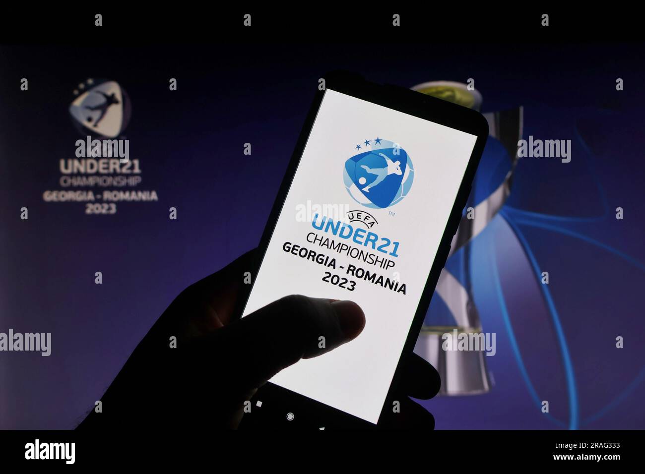 In this photo illustration, the UEFA Euro 2023 Under 21 logo seen displayed on a smartphone. The ...