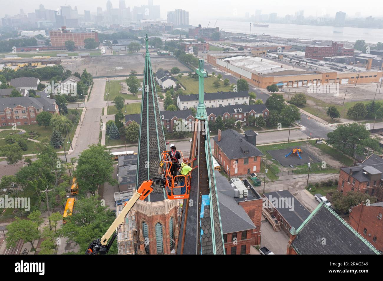 Detroit, Michigan - Workers repair the towers of the Basilica of Ste ...