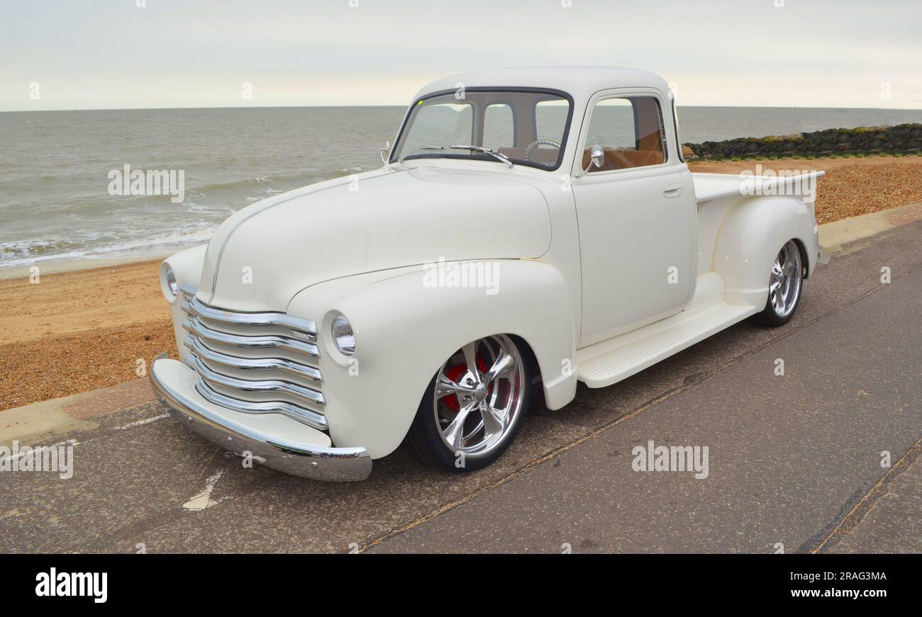 Classic Bright White Chevrolet pickup truck on Felixstowe seafront ...
