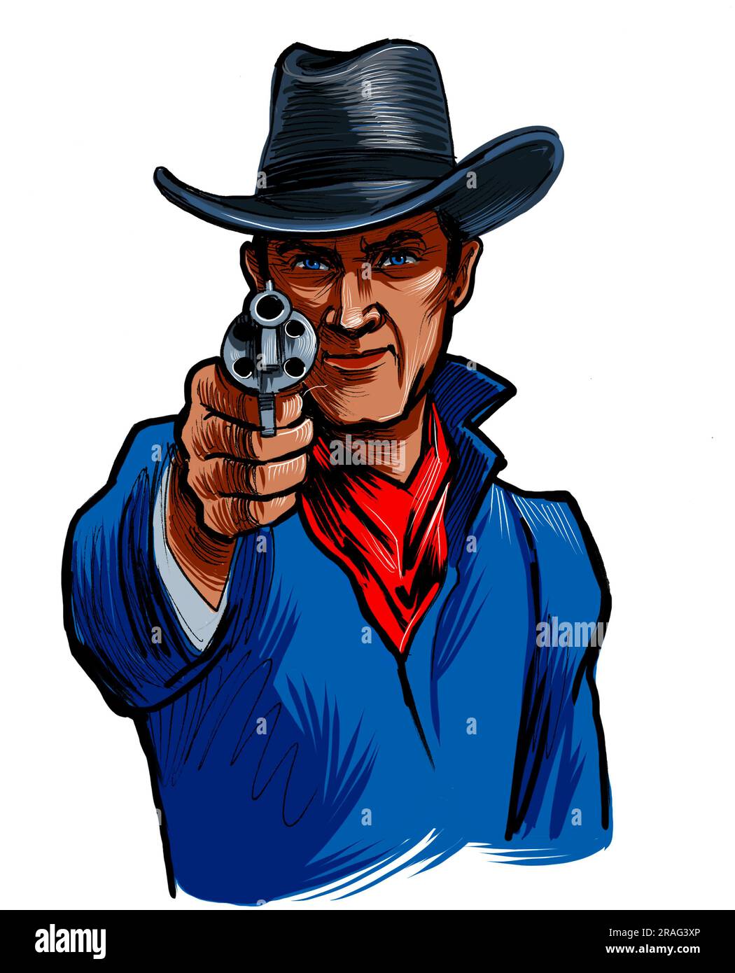 Gangster aiming a gun at viewer. Hand drawn ink on paper and hand ...