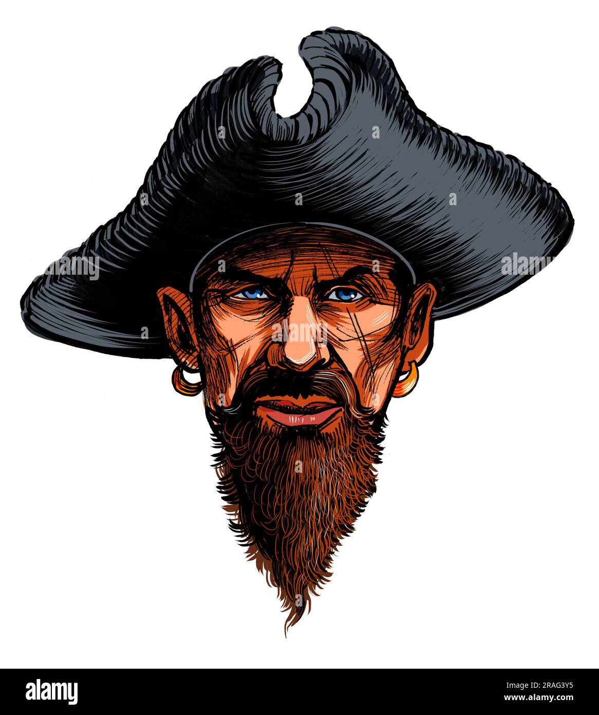 Pirate captain head. Hand drawn ink on paper and hand colored on tablet ...