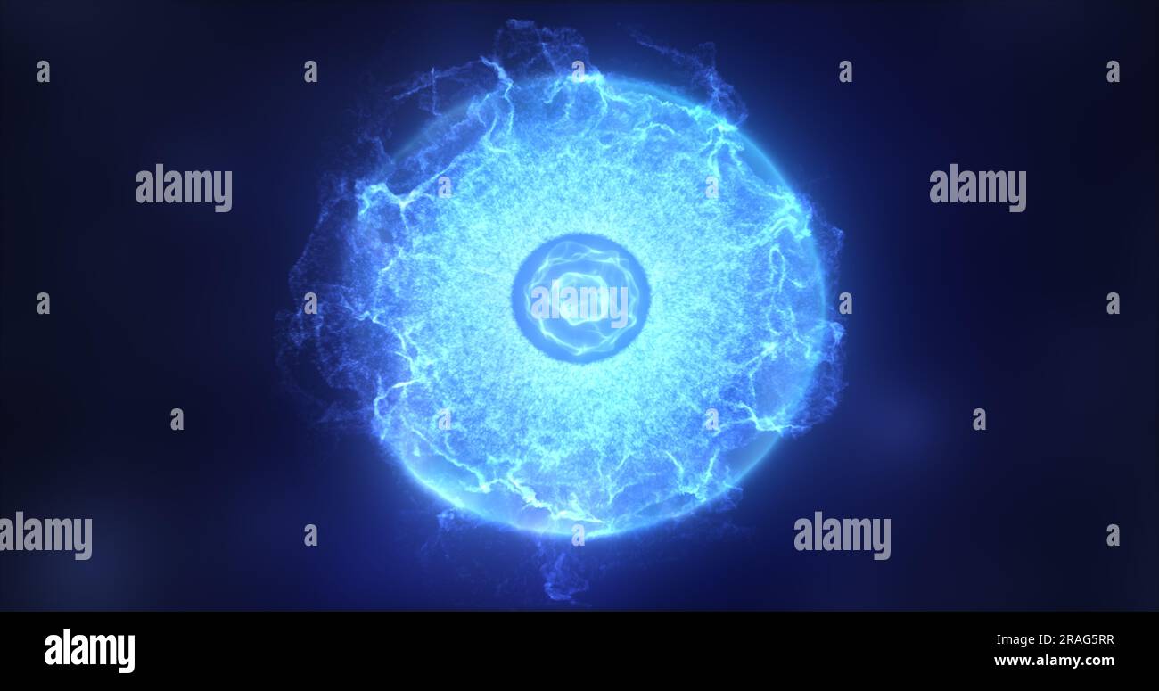 Abstract blue sphere atom with electrons flying glowing bright ...