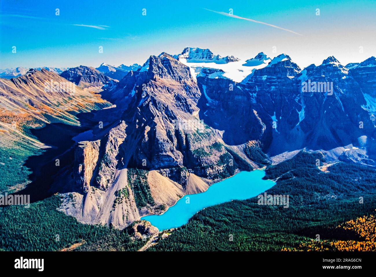 Aerial image of Moraine Lake, Banff National Park, Alberta, Canada ...