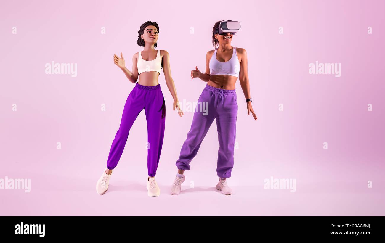 Fun dance moves in metaverse. Happy young african american woman in ...