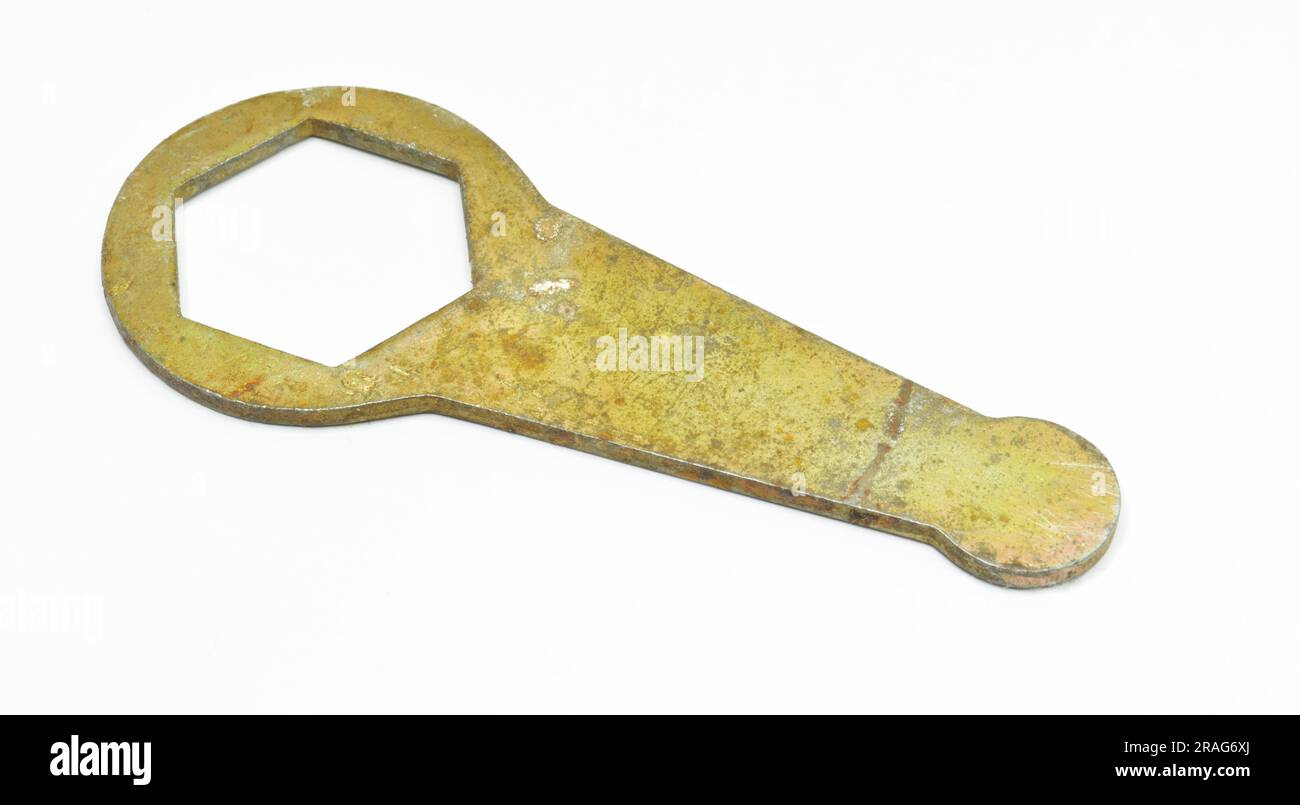Vintage metal tool wrench isolated on white background Stock Photo - Alamy