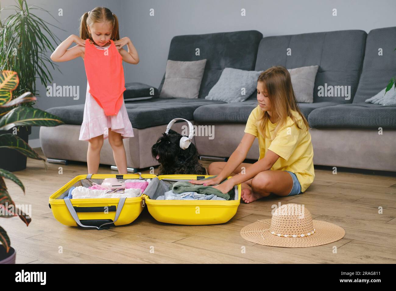 Children packing suitcase for travel and play with a dog. Sisters having fun with pet while ...