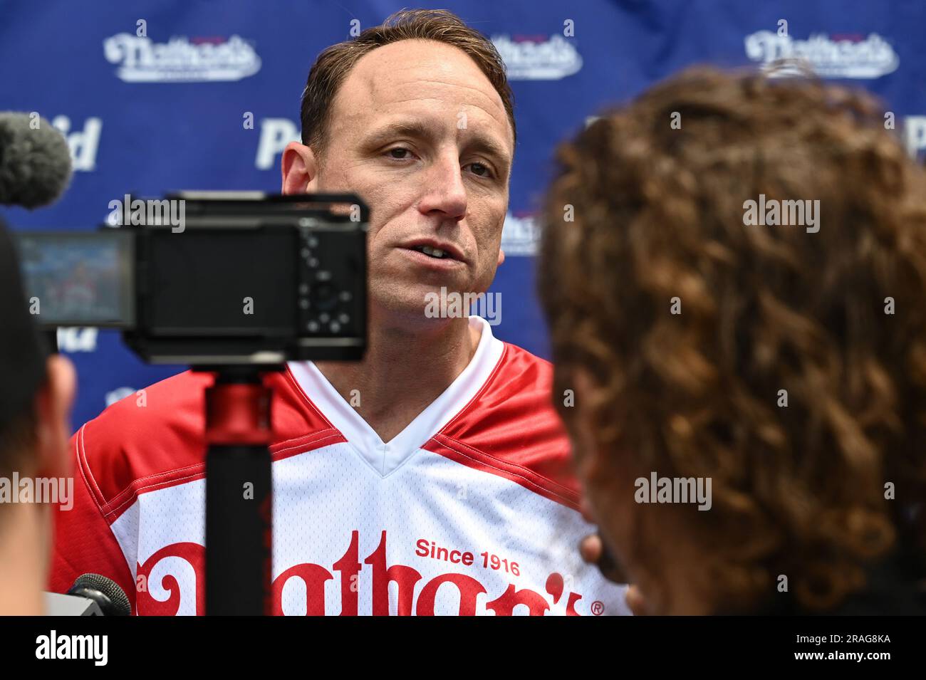 New York, USA. 03rd July, 2023. 2022 champion Joey Chestnut attends the ...