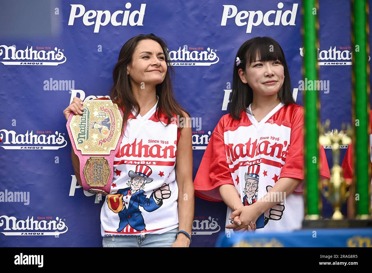 New York, USA. 03rd July, 2023. Competitive eaters Michelle Lesco ...