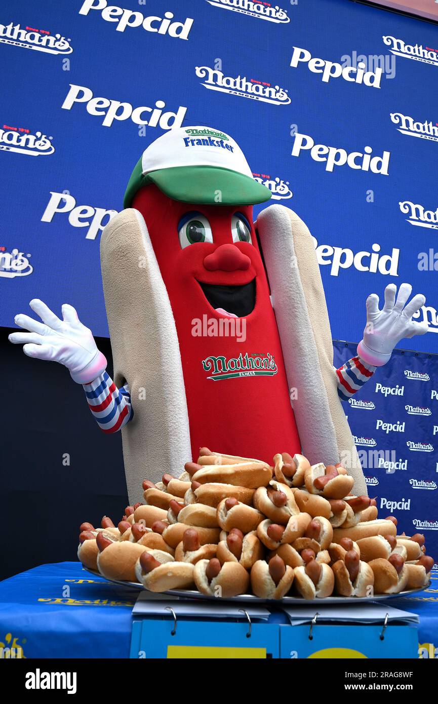 New York, USA. 03rd July, 2023. Frankster the mascot poses in front of ...