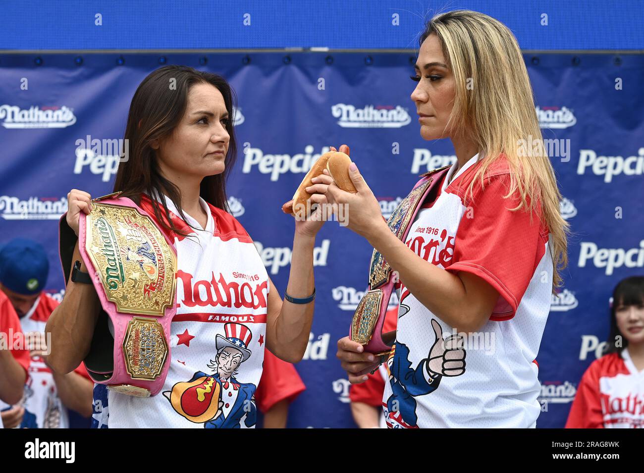 New York, USA. 03rd July, 2023. Previous title holder Michelle Lesco (l ...