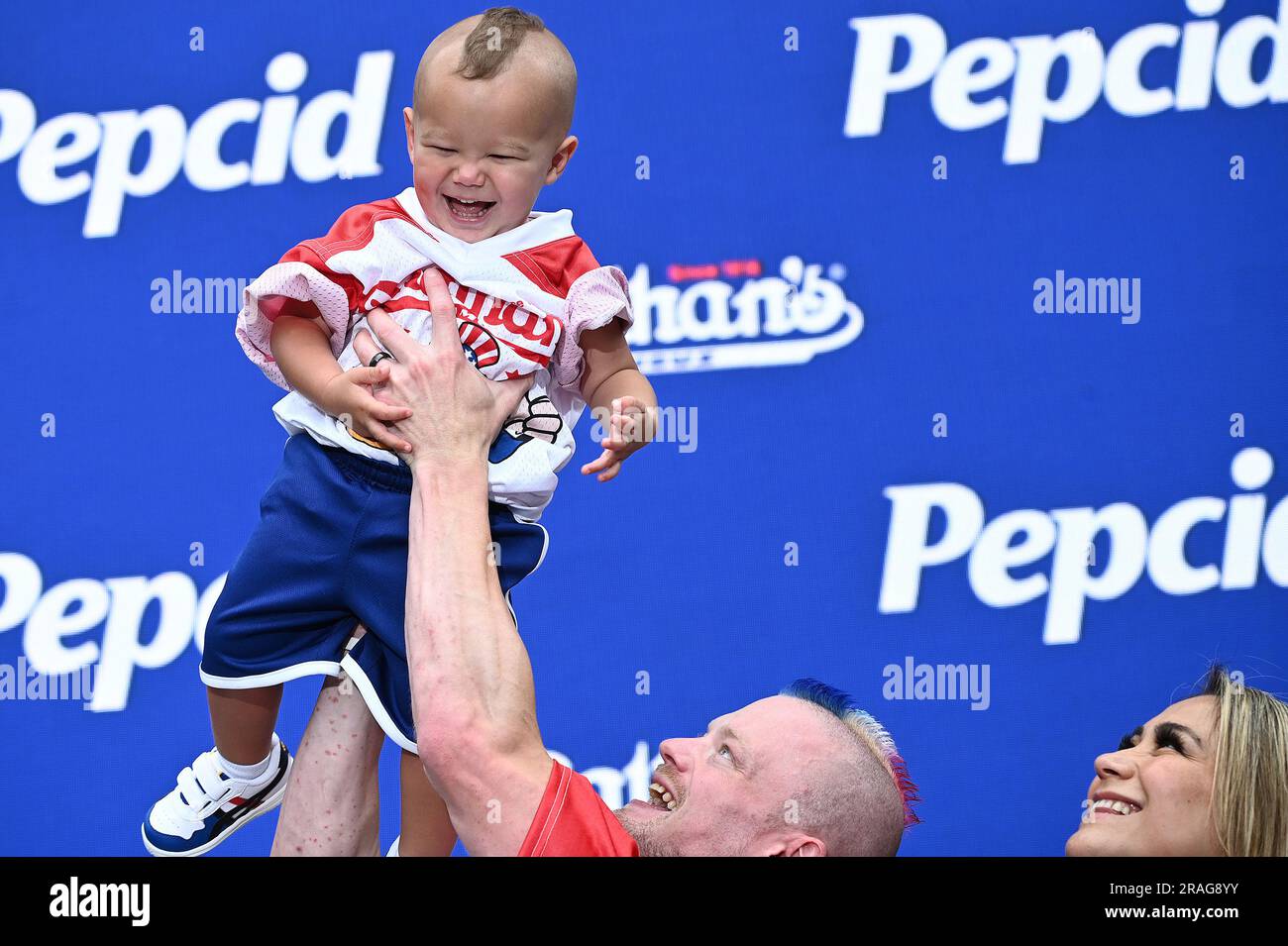New York, USA. 03rd July, 2023. 2022 champion Miki Sudo (r), reacts as ...