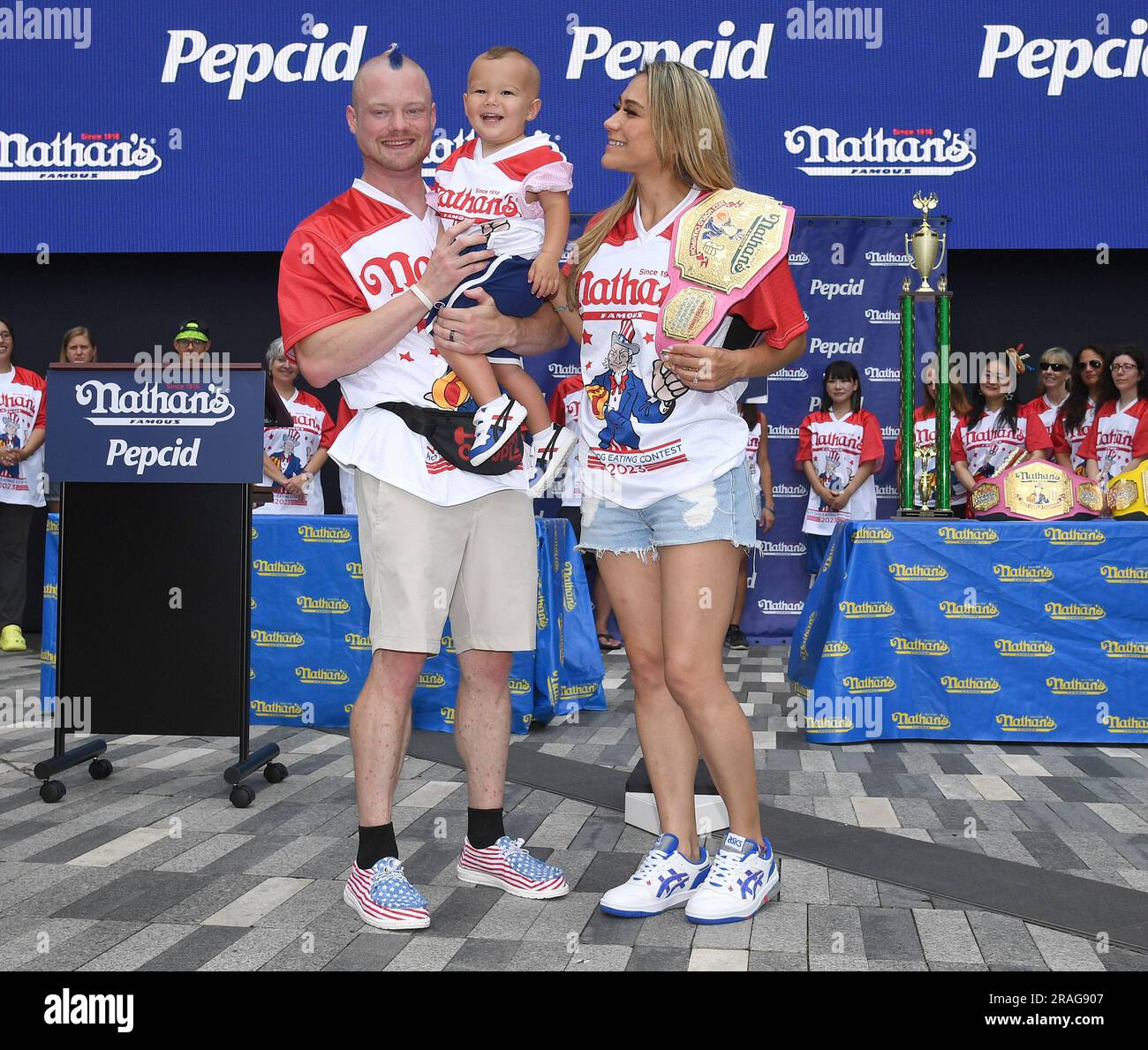 New York, USA. 03rd July, 2023. 2022 champion Miki Sudo (r), poses with ...
