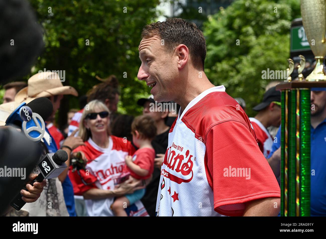 New York, USA. 03rd July, 2023. 2022 champion Joey Chestnut attends the ...