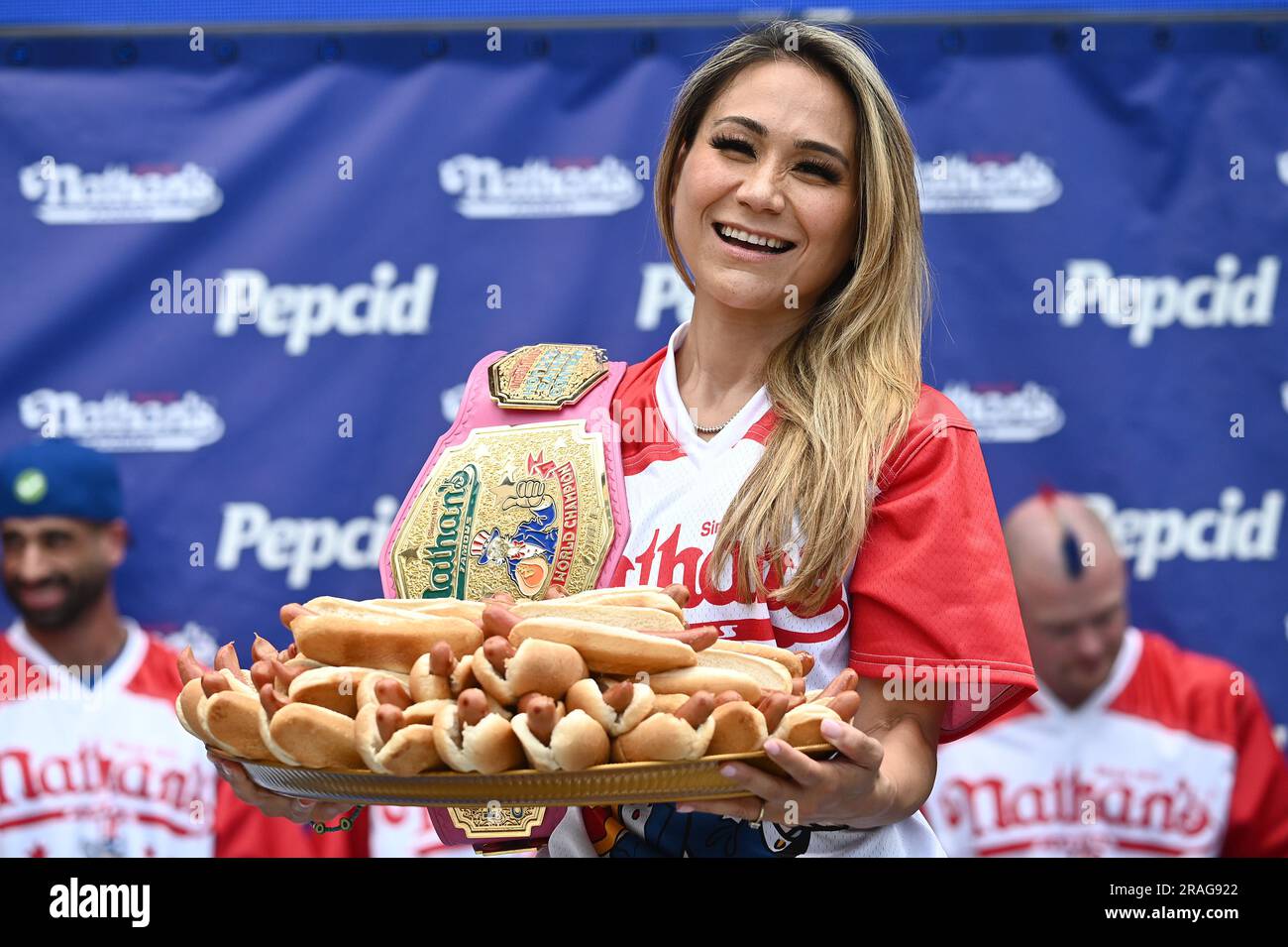 New York, USA. 03rd July, 2023. 2022 champion Miki Sudo holds a tray of ...