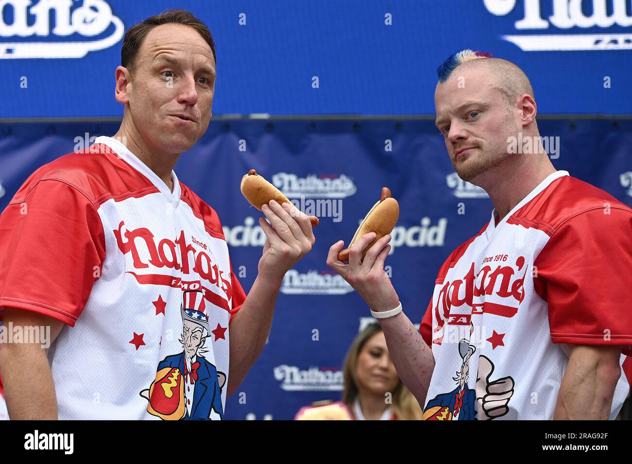 New York, USA. 03rd July, 2023. 2022 champion Joey Chestnut (l) and ...