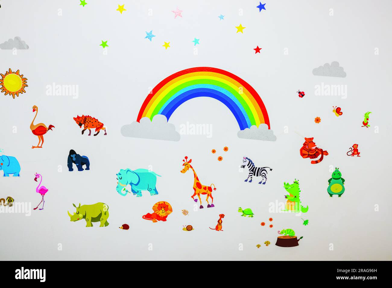 Close-up view of colorful wall decoration of cute small animals figures ...