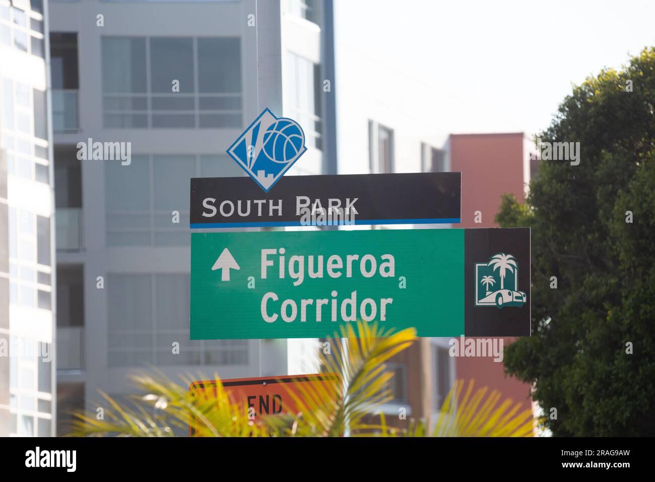 A sign for South Park and the Figueroa Corridor in Downtown Los Angeles ...