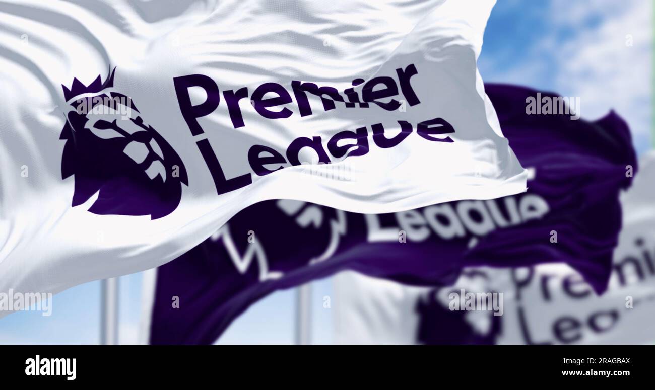 London, UK, april 2023: Three Premier League flags waving in the wind ...