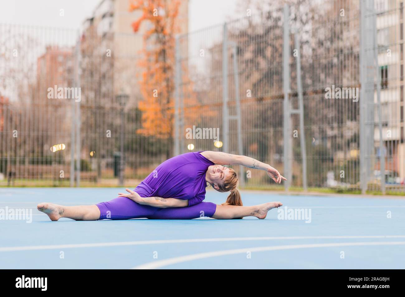 Morning sport warm up stretching balance. Hispanic mid female ...