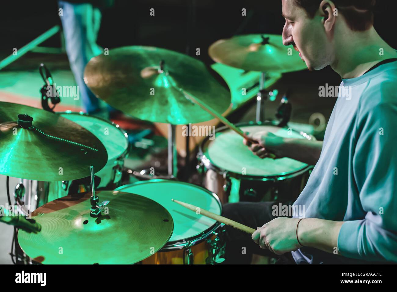 Drum music band drummer artist have solo live performance on a stage ...