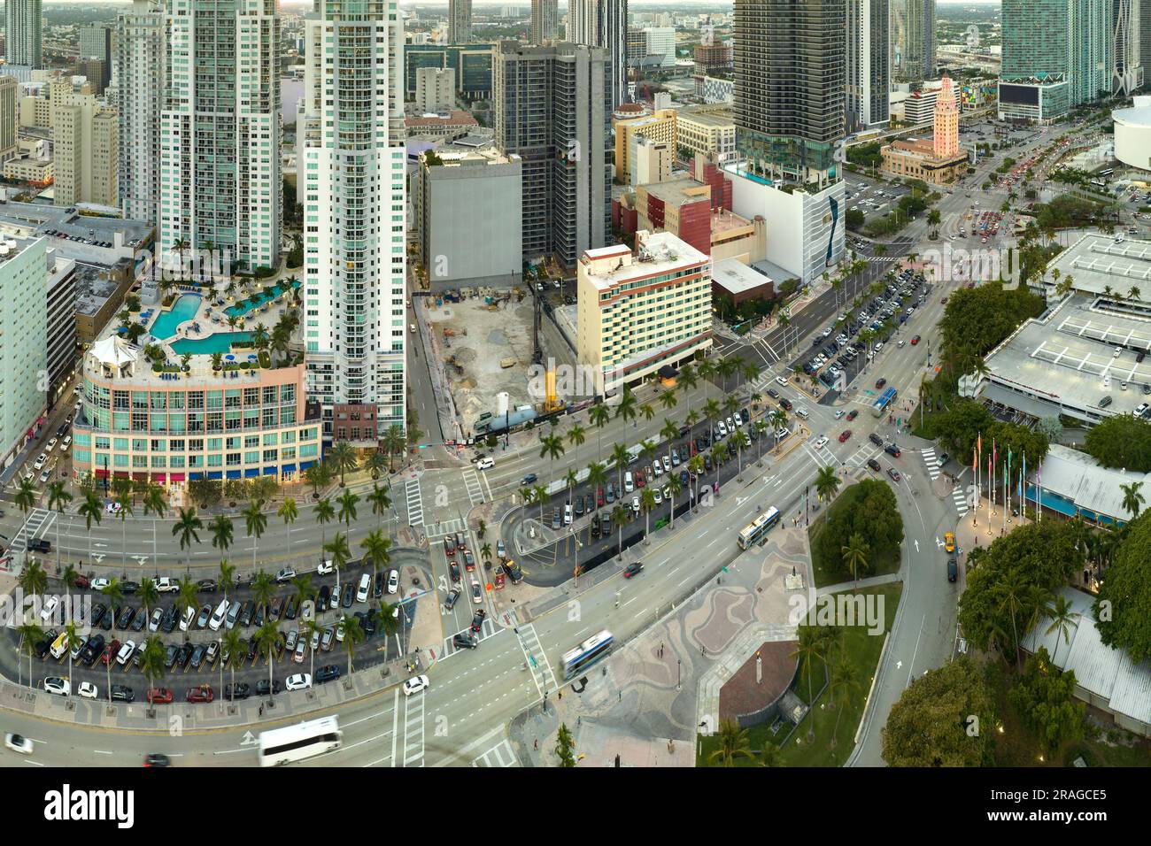 Aerial view of heavy traffic on urban street in downtown office ...