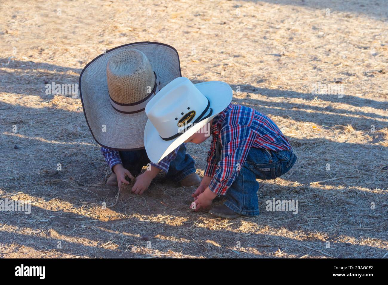 Two young boys with large cowboy hats playing at the Brunette Downs ABC ...