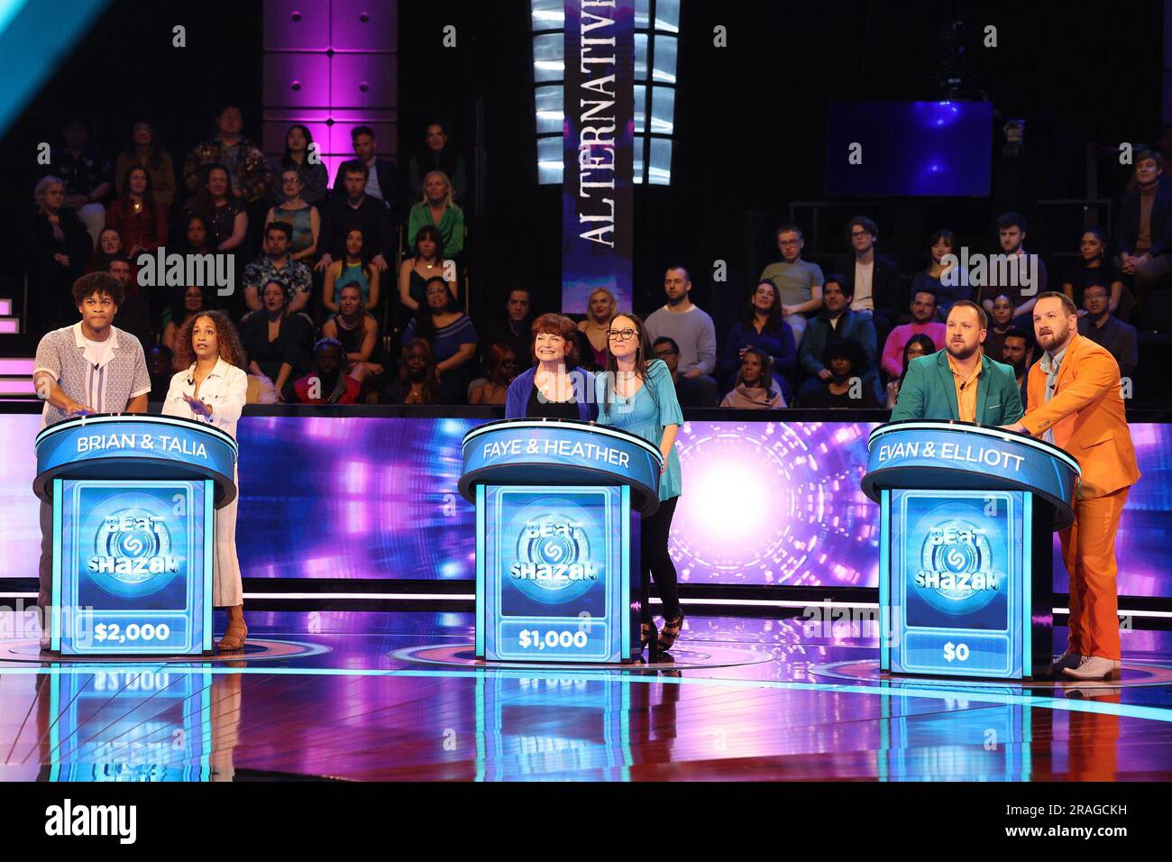 BEAT SHAZAM, from left: contestants Brian & Talia, Faye & Heather, Evan ...