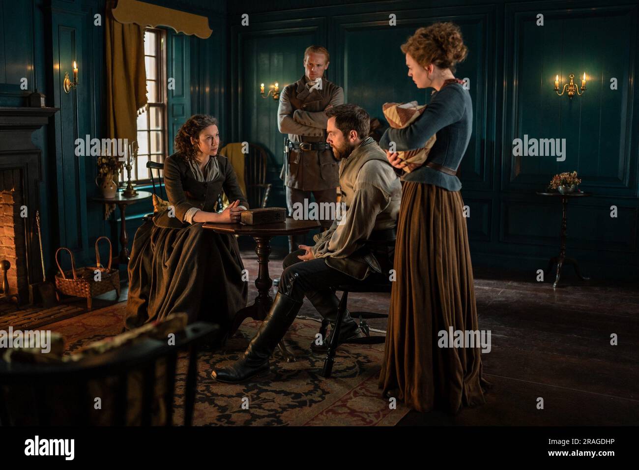 OUTLANDER, from left: Caitriona Balfe, Sam Heughan, Richard Rankin ...