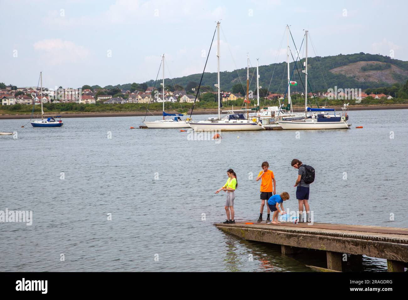 children enjoying a day at the seaside fishing for crabs off the ...