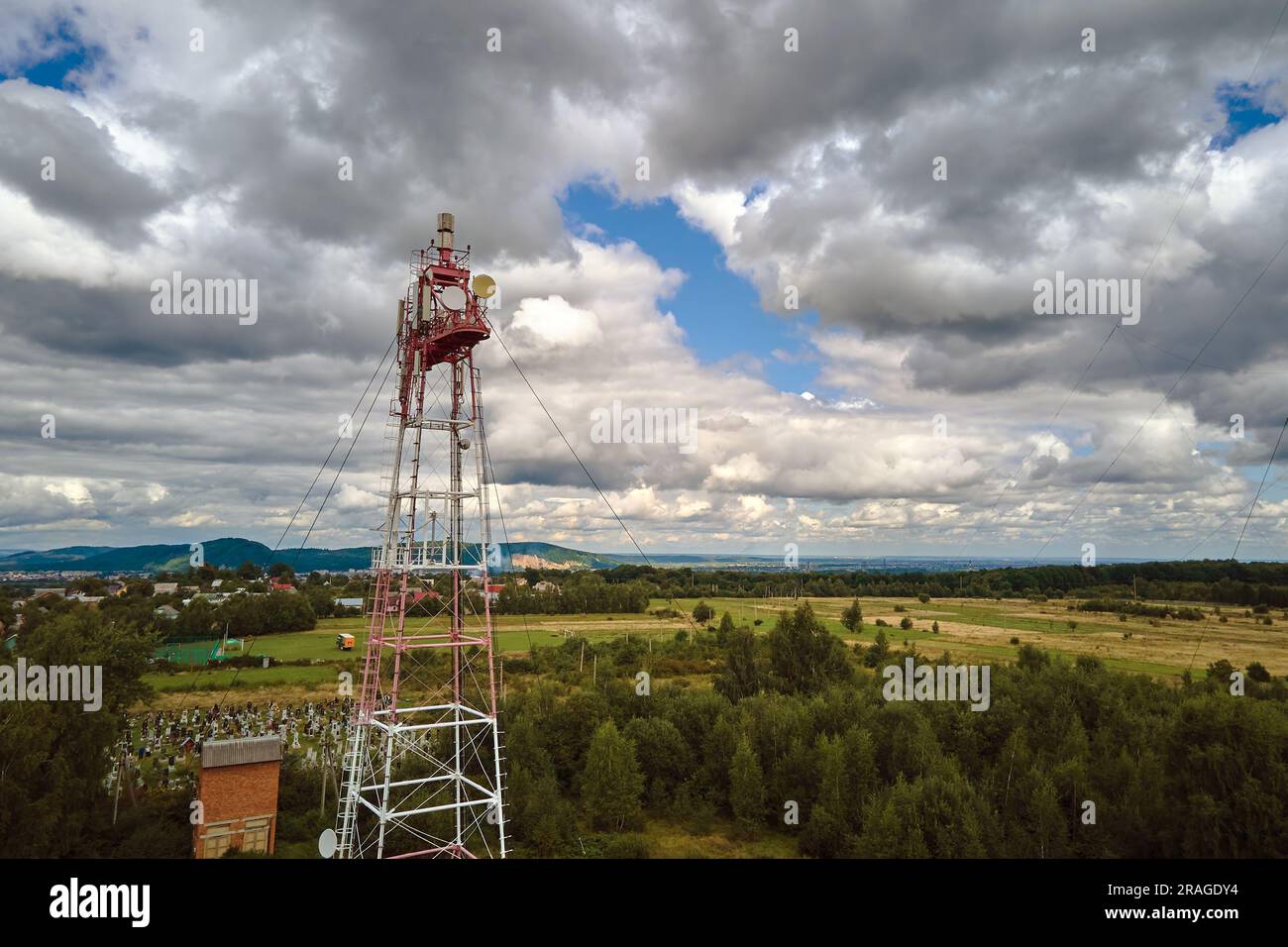 Aerial view of telecommunications cell phone tower with wireless ...