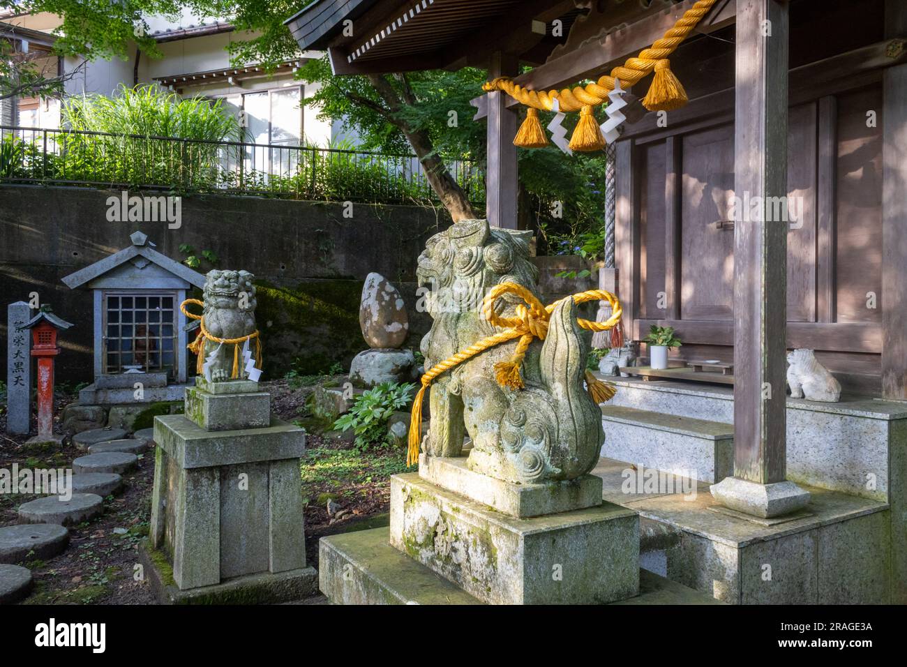 Komainu, or lion-dog, statue at imohoritougorou jinja, Kanazawa, Japan ...