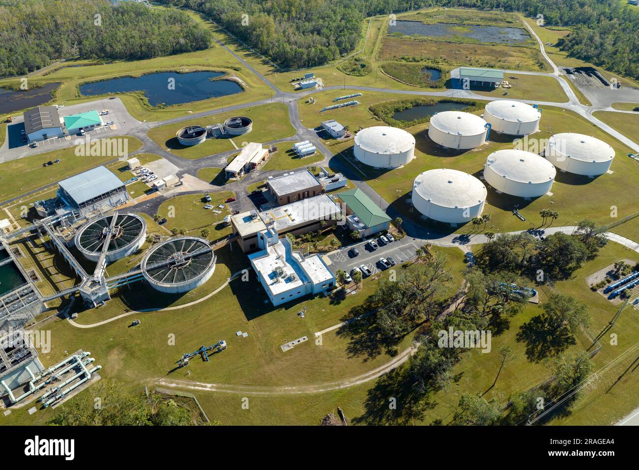 Aerial view of water treatment factory at city wastewater cleaning ...