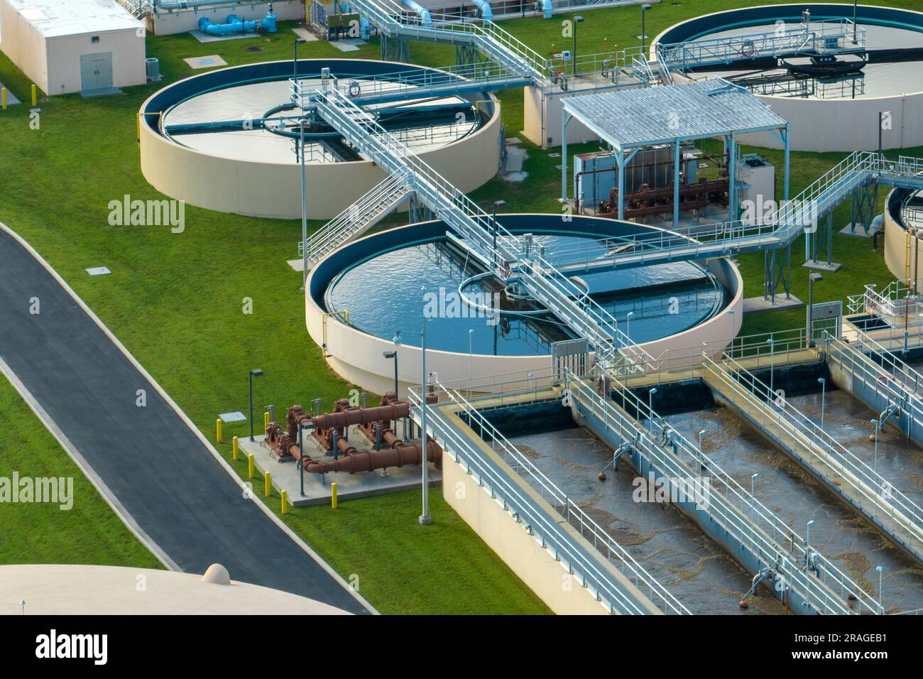 Aerial view of water treatment factory at city wastewater cleaning ...