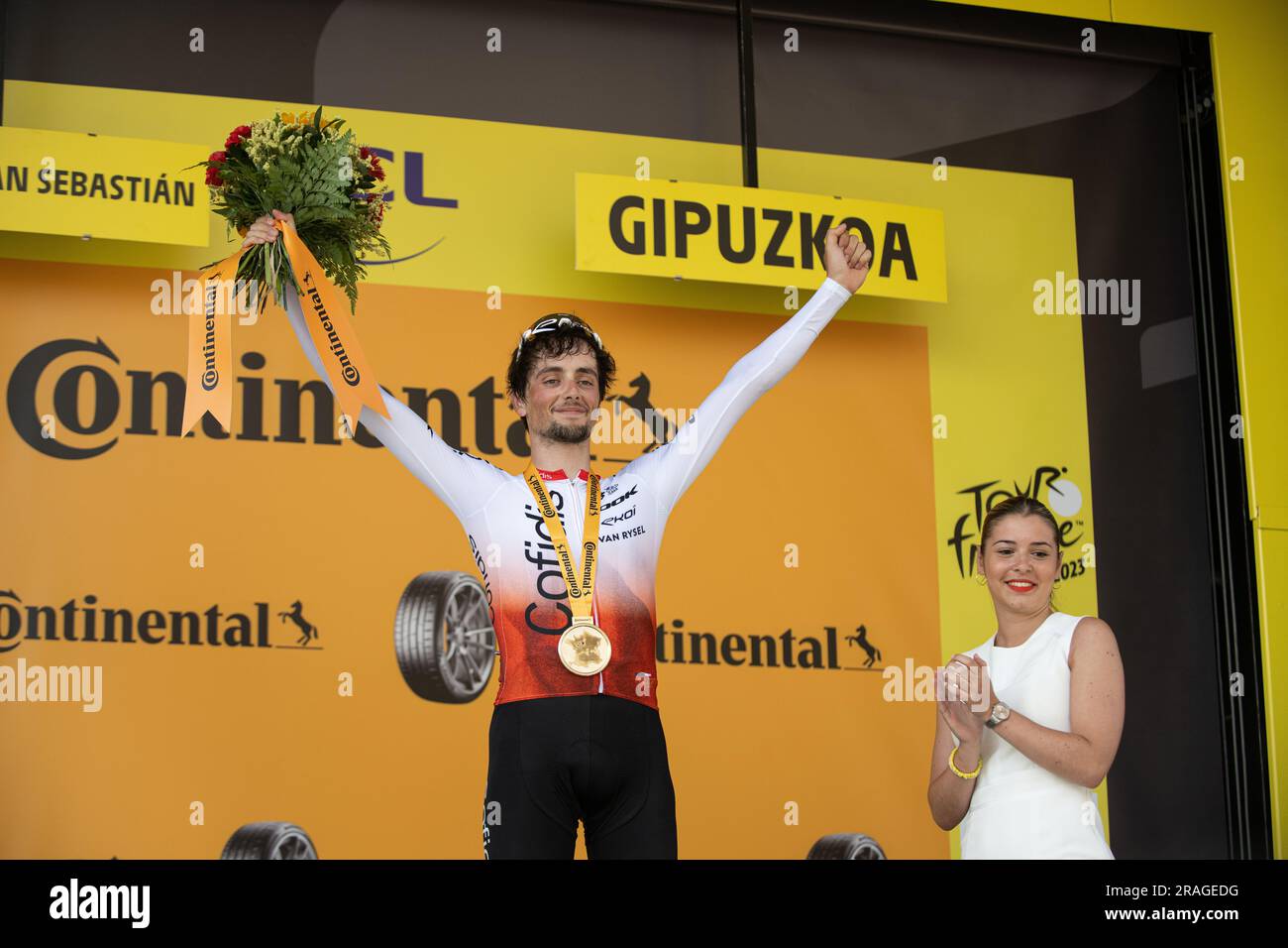 Victor Lafay on the podium in San Sebastián as the winner of the 2023 ...